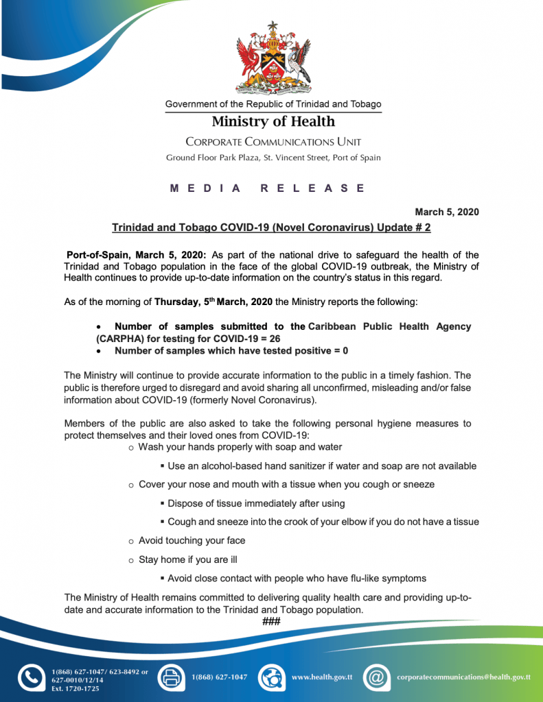 Trinidad and Tobago COVID-19 (Novel Coronavirus) Update # 2 • Office of ...