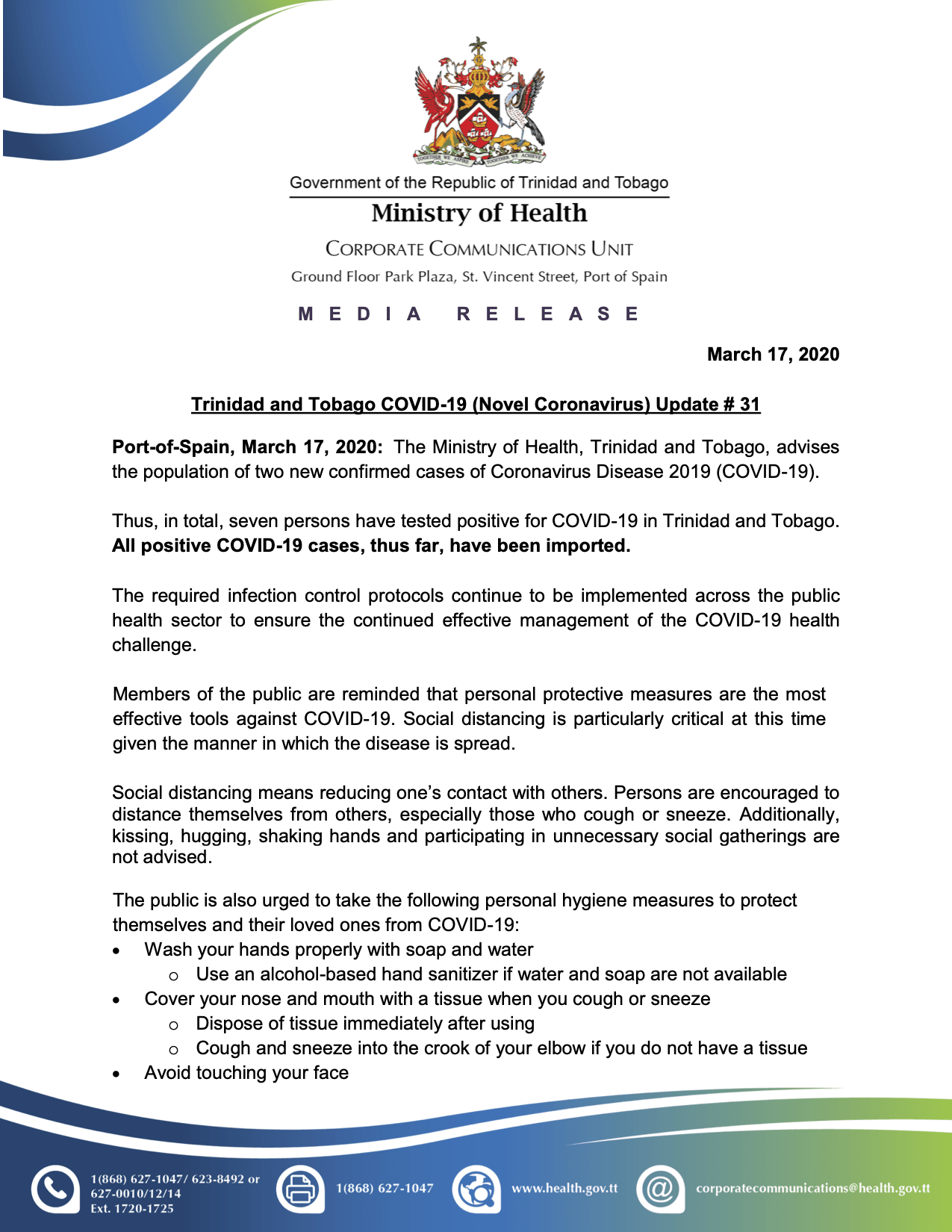 Trinidad and Tobago COVID-19 (Novel Coronavirus) Update # 31 • Office ...